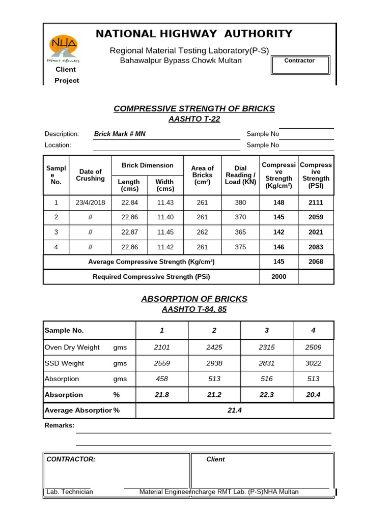 B-01 Brick Compressive Strength - Performa | PDF | Tests | Materials ...