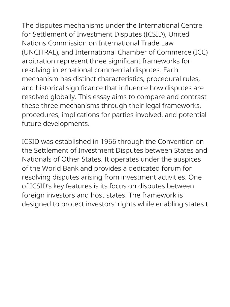 Compare and Contrast The Disputes Mechanism Under ICSID, UNICTRAL and ...