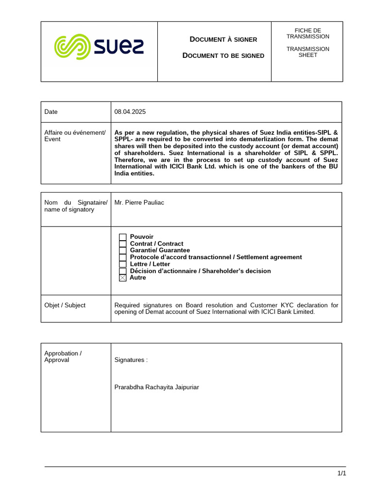 Transmission Sheet-Demat Documents- Suez International | PDF