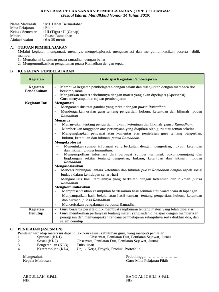RPP Fikih Kelas 3 Semester 2 | PDF