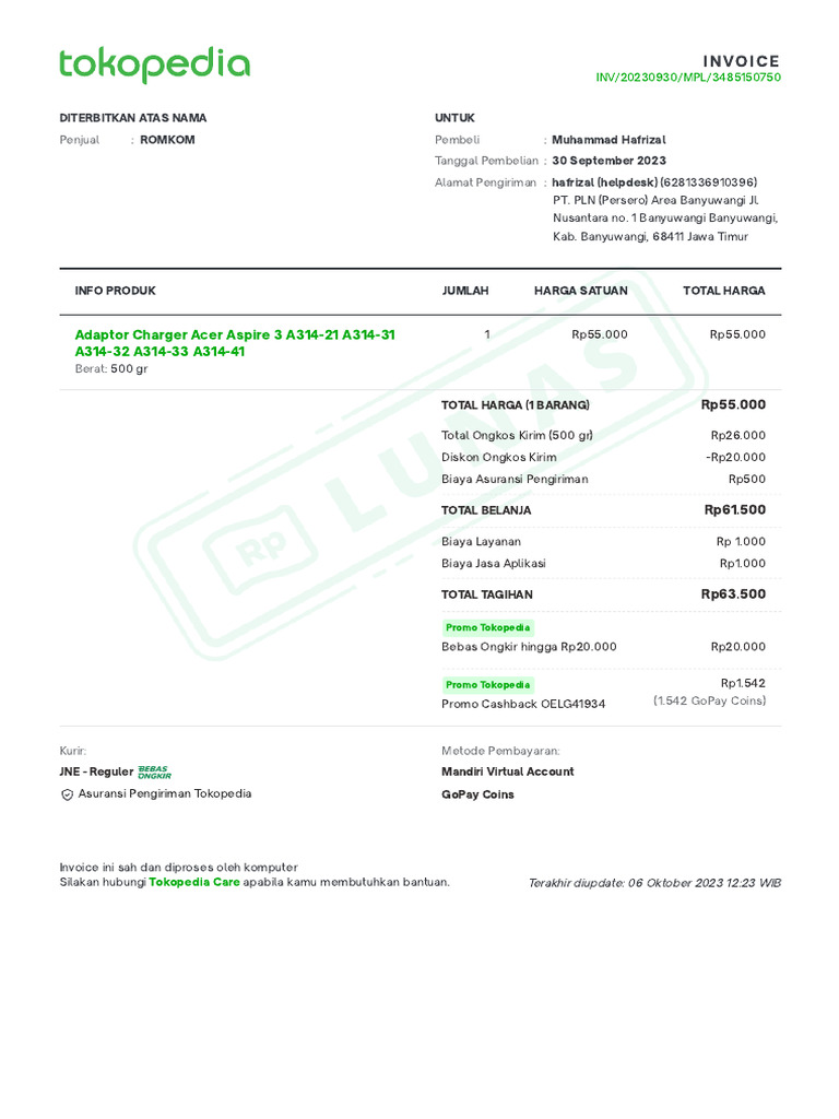 Invoice Acer Adaptor | PDF