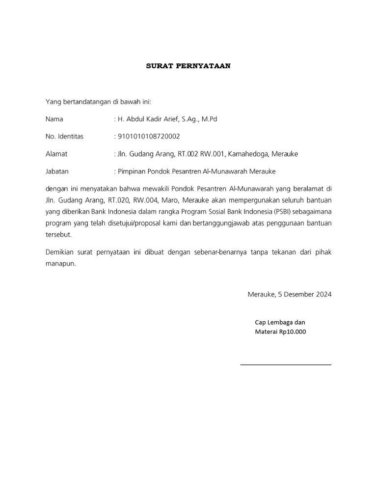 Surat Pernyataan Al-Munawarah | PDF