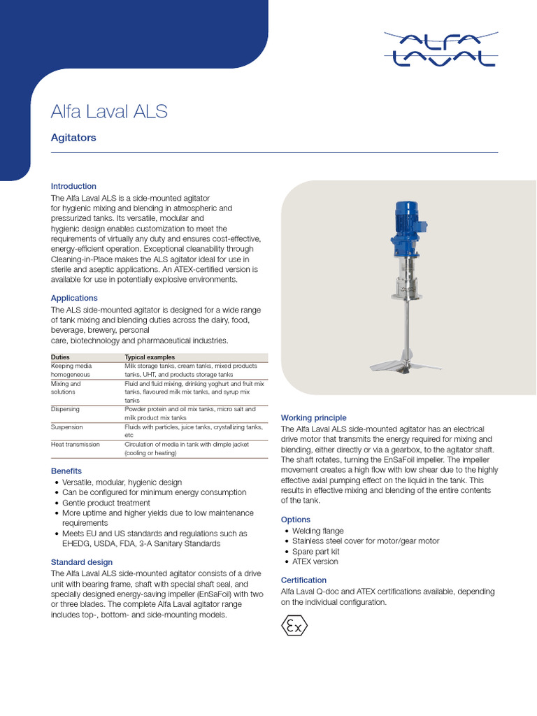 Alfa Laval Side Mounted Agitators Type Als - Product Leaflet - Ese00218 | PDF | Mechanical ...