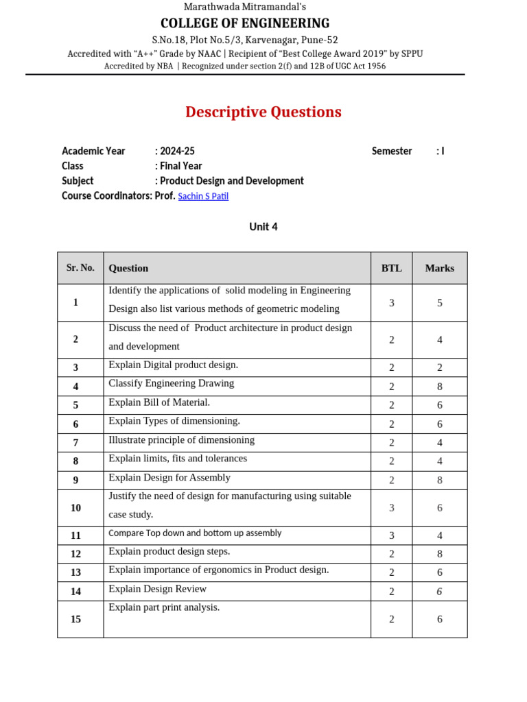 Unit 4 - Descriptive Questions | PDF | Engineering