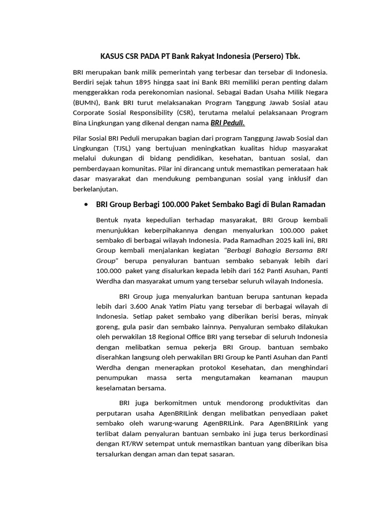 Kasus CSR Pada PT Bank Rakyat Indonesia (BRI) | PDF