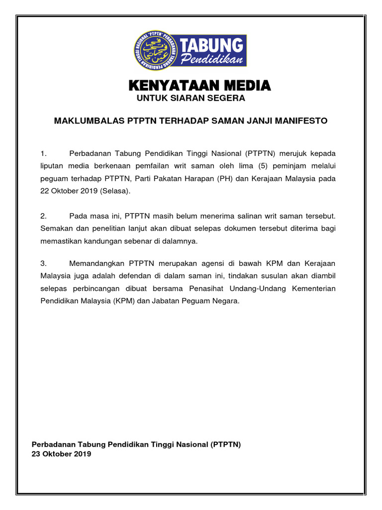 Maklumbalas PTPTN Terhadap Saman 2019 | PDF