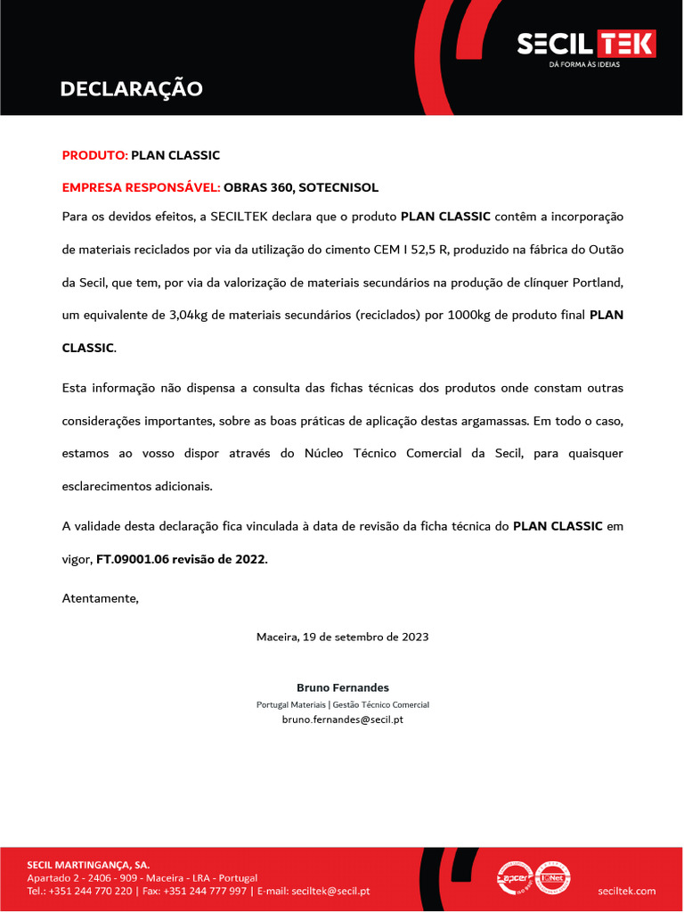Declaração - Incorporação de Materiais Reciclados - SECILTEK PLAN ...