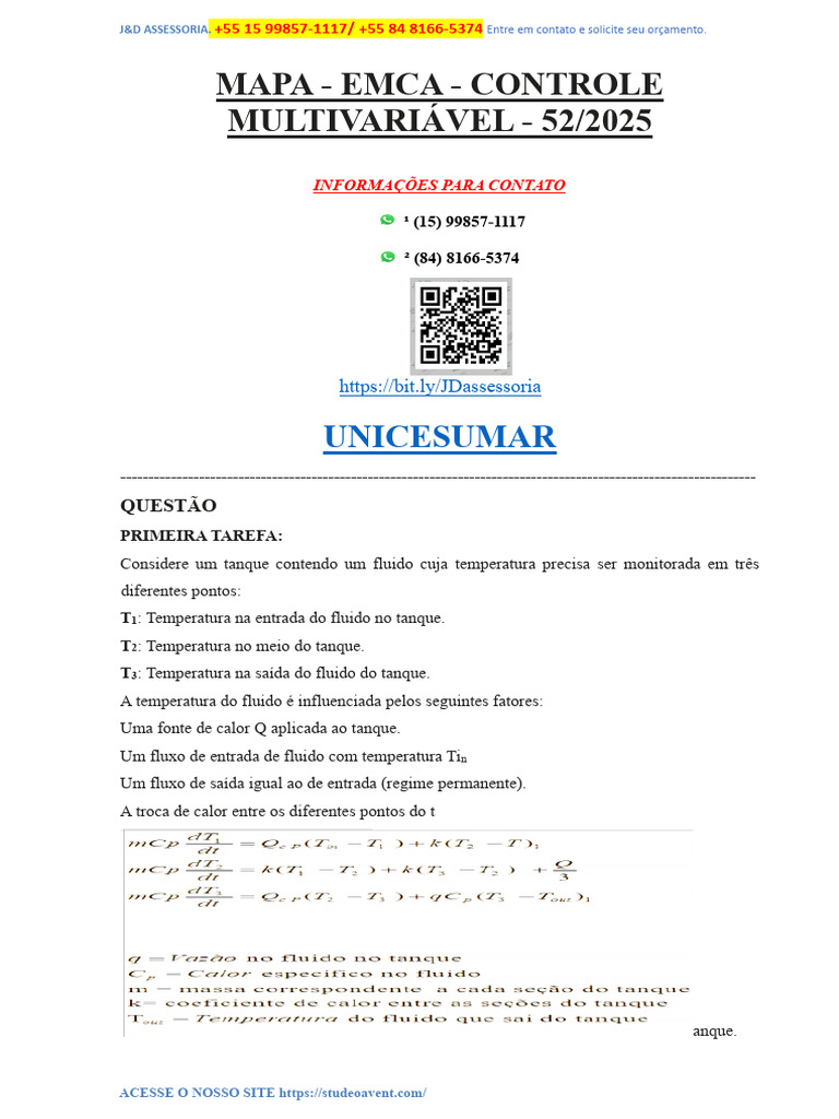 Mapa - Controle Multivariável - 52 - 2025 | PDF | Calor | Temperatura