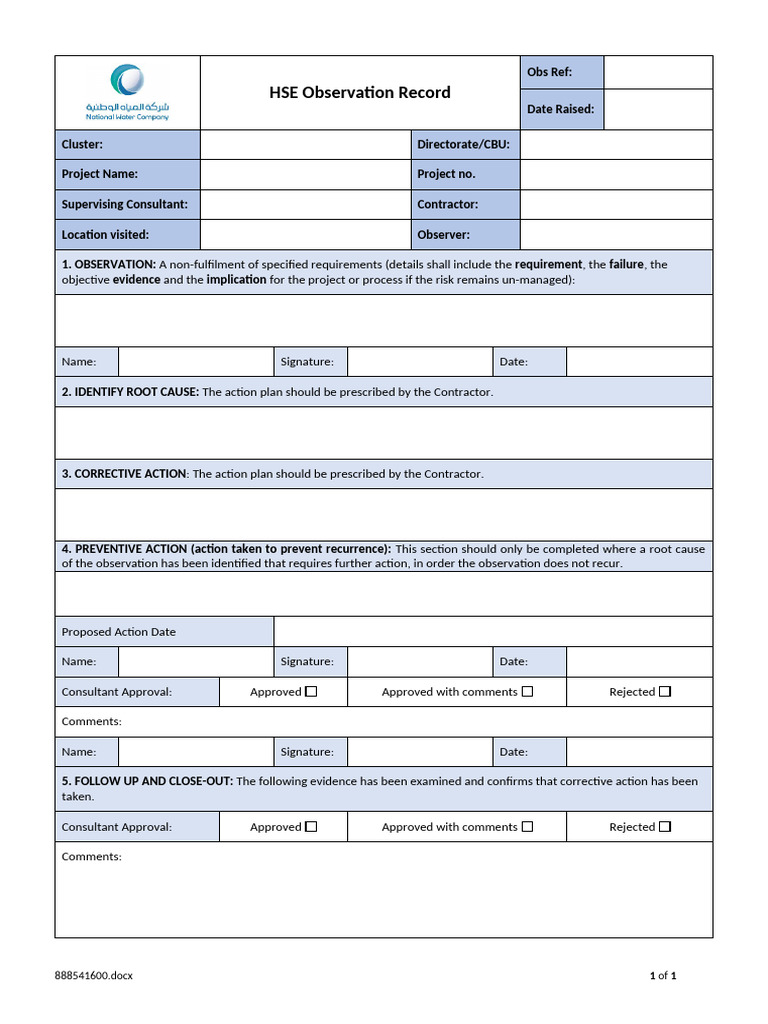 HSE Observation Record Template | PDF