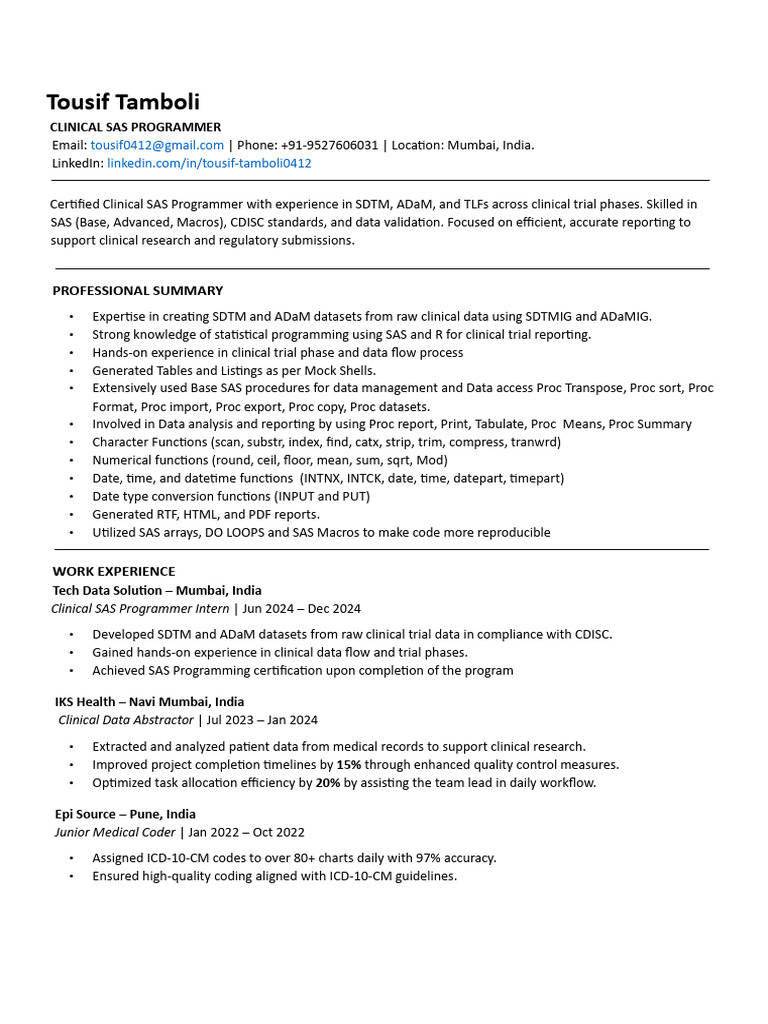 Tousif Tamboli Clinical SAS Programmer Resume | PDF | Sas (Software) | Data