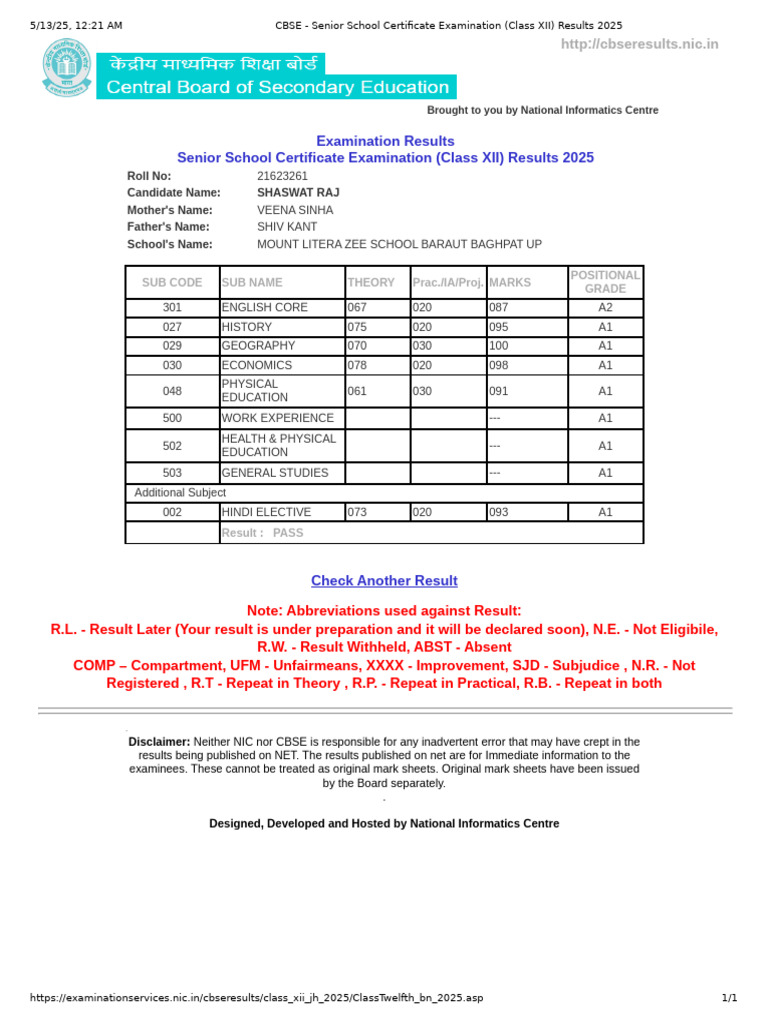 CBSE - Senior School Certificate Examination (Class XII) Results 2025 ...
