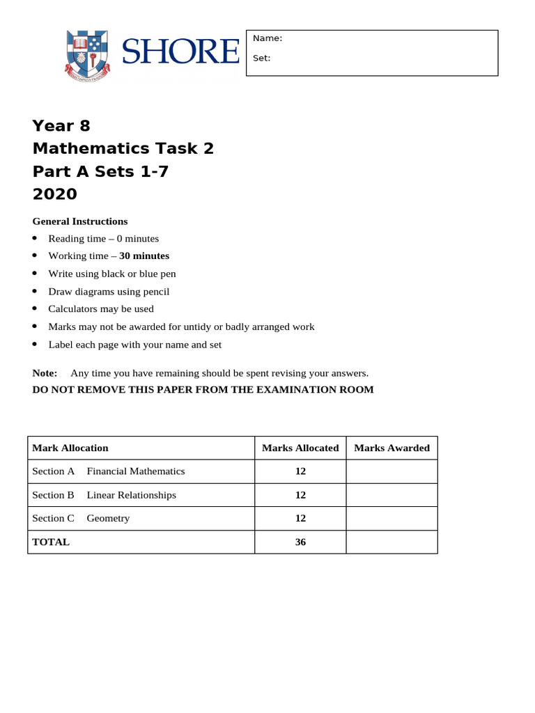 2020 - Year 8 - Assessment Task 2 - Common | PDF | Classical Geometry ...