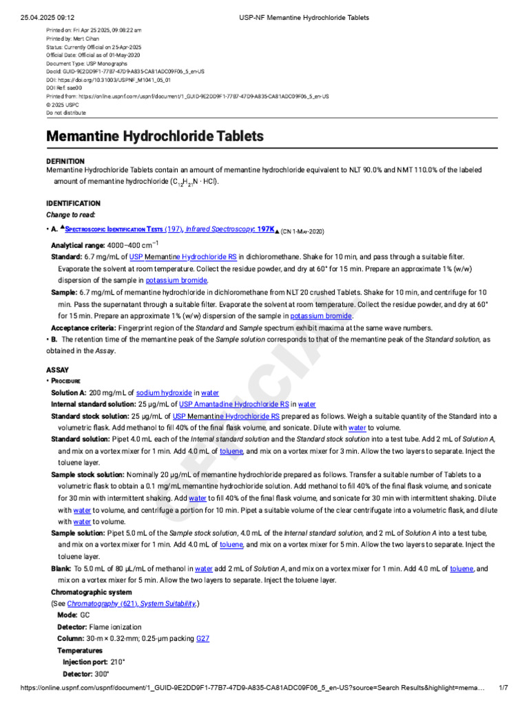 USP-NF Memantine Hydrochloride Tablets | PDF | Gas Chromatography ...