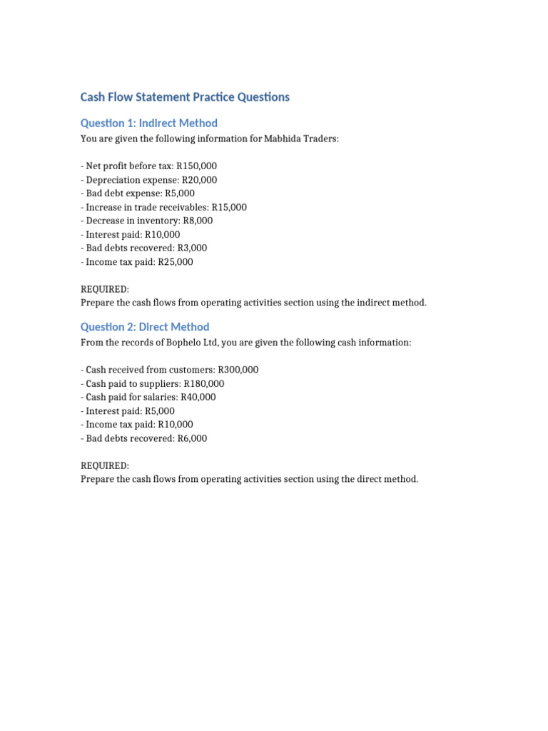 Cash Flow Practice Questions | PDF