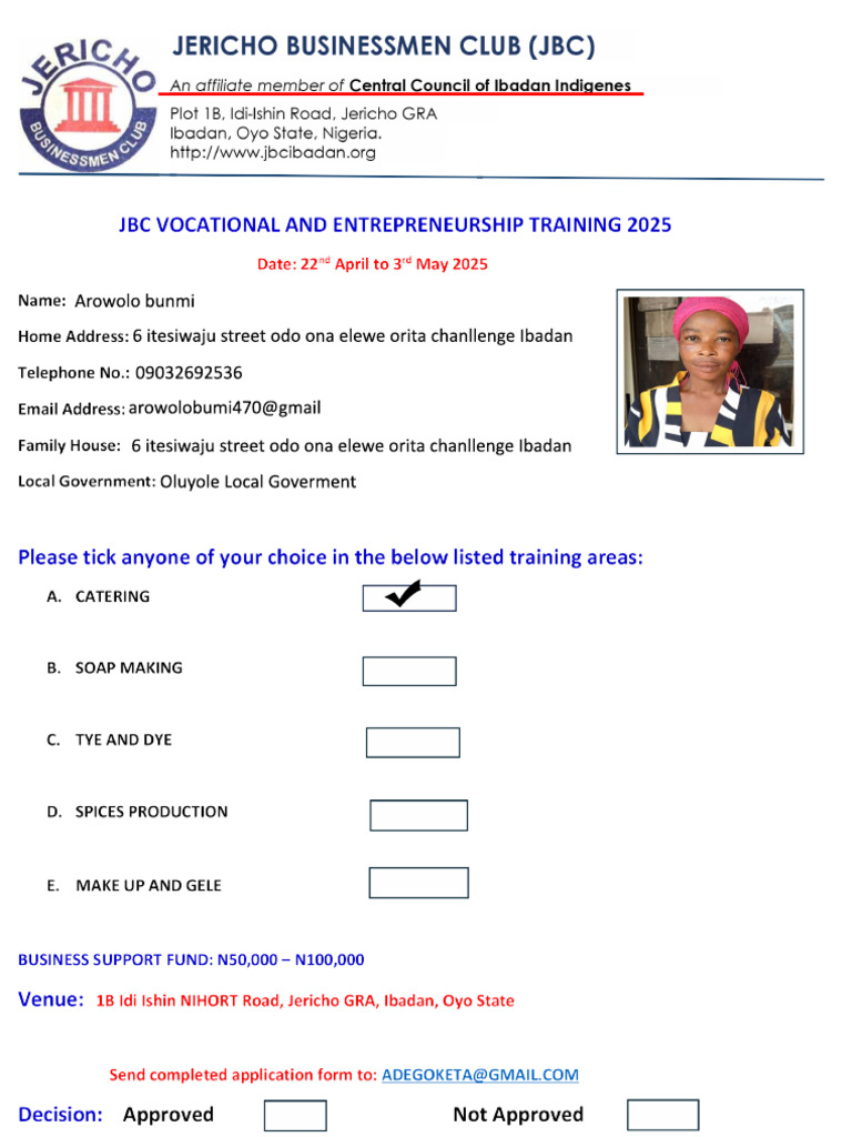 JBC Vocational and Entrepreneurship Training Application Form2 | PDF