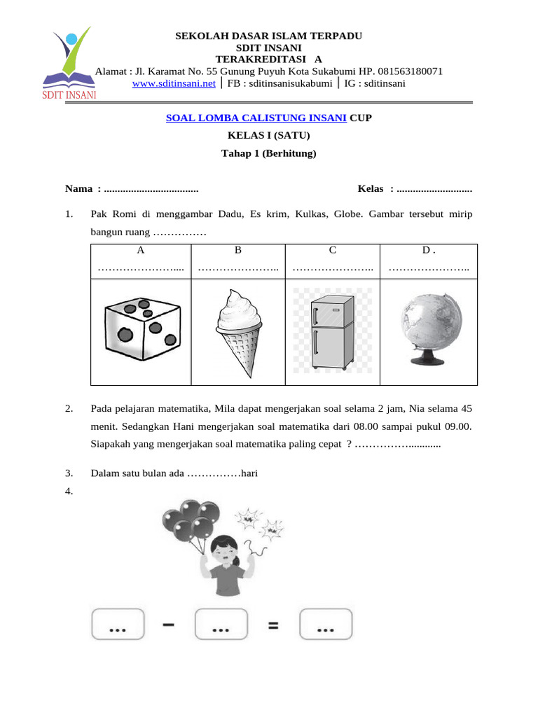 SOAL CALISTUNG KELAS 1 TAHAP 1 | PDF