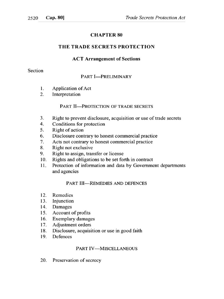 Trade Secrets Protection Act Cap 80 | PDF