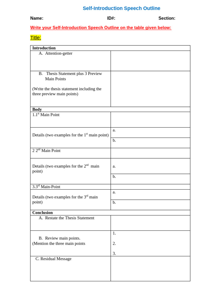 Self-Introduction Speech Outline | PDF