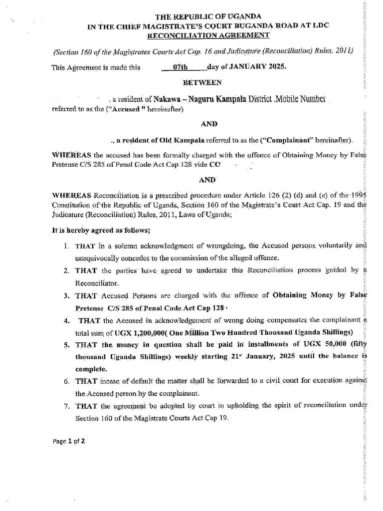 RECONCILIATION AGREEMENT - Sample | PDF