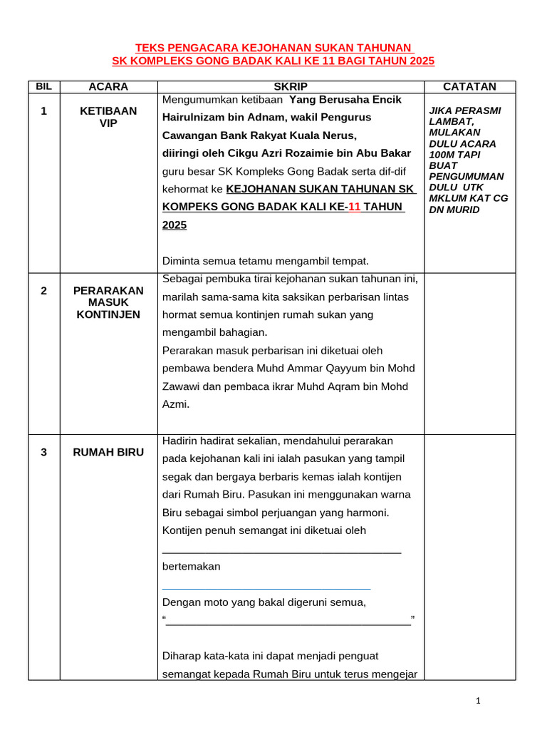 Teks MC Hari Sukan Sekolah | PDF