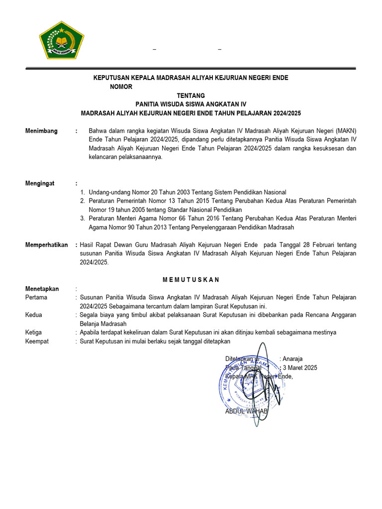 Panitia Wisuda Siswa MAKN Ende 2025 | PDF