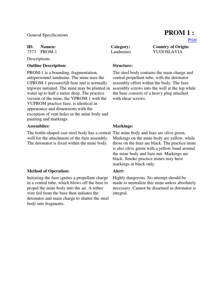 PROM-1 General Specifications | PDF | Land Mine | Explosive Weapons