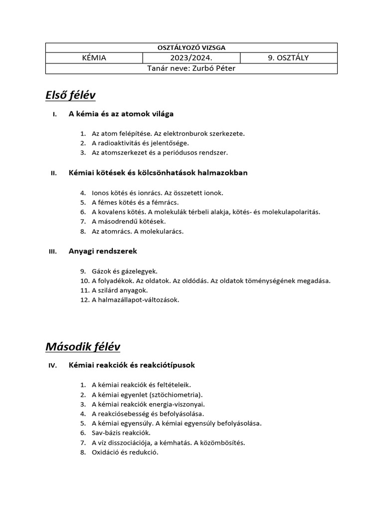 Kemia 9 Oszt Vizs. | PDF