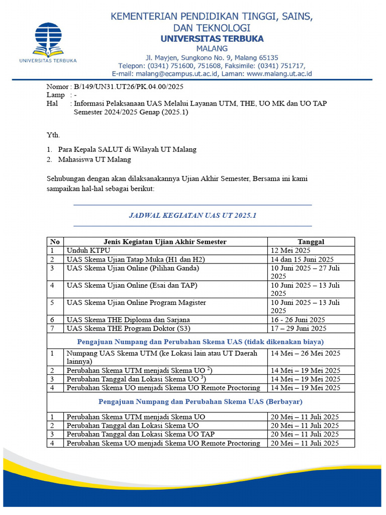 149 PK Informasi Pelaksanaan UAS Melalui Layanan UTM, THE, UO MK Dan UO ...