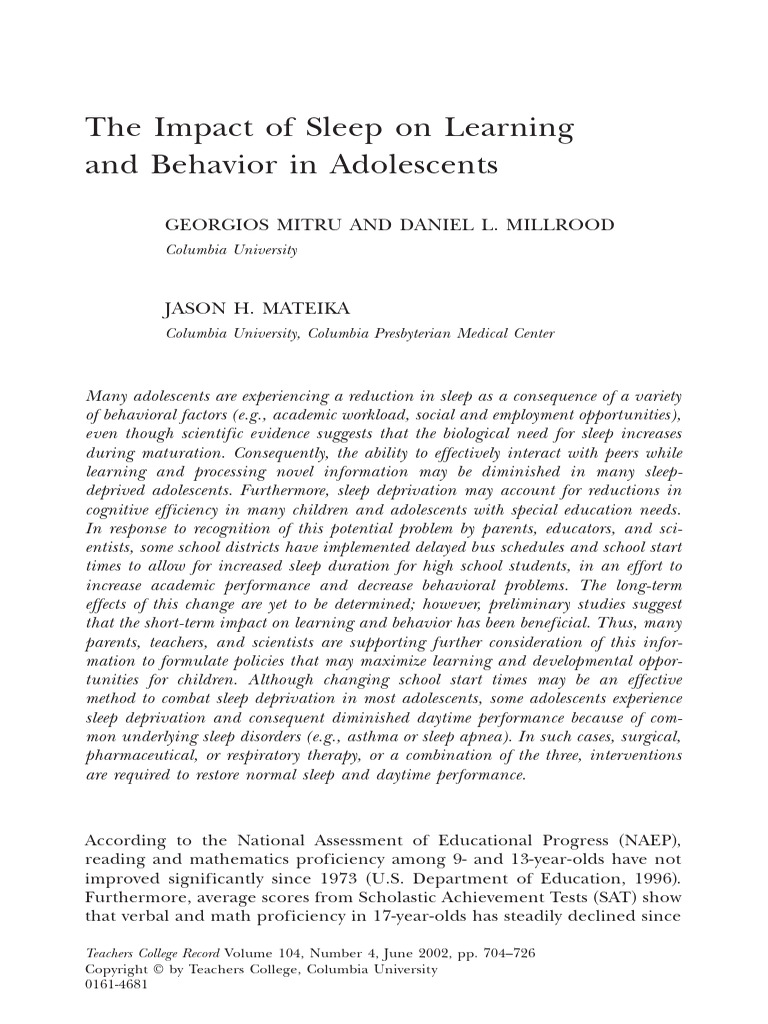 Mitru and Millrood The Impact of Sleep On Learning and Behavior in ...