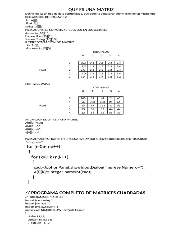 QUE ES UNA MATRIZ EN AWT | PDF | Datos de computadora | Programación de computadoras