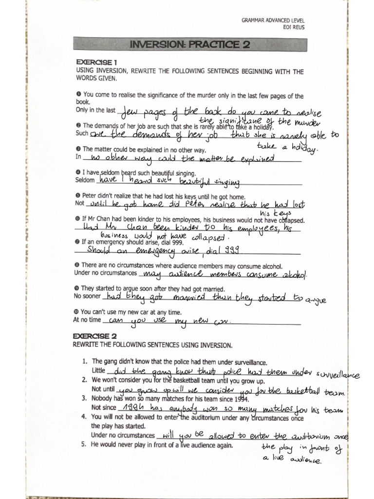 Inversion Exercises for Advanced Grammar | PDF