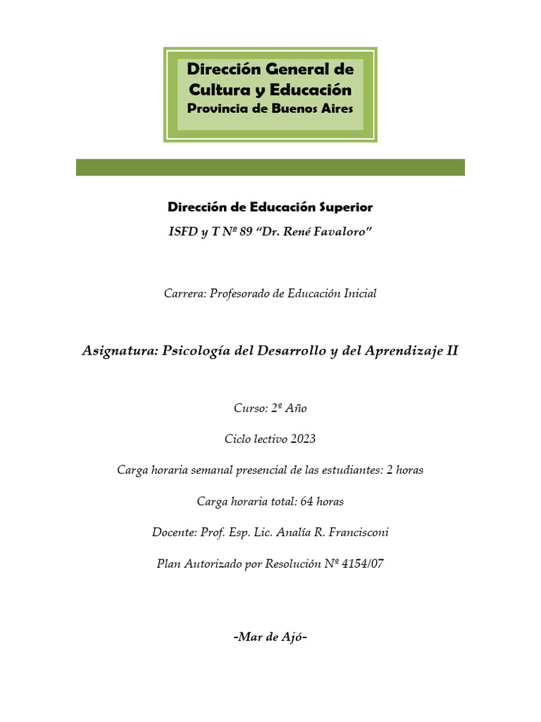 Breviario. Programa de Psicología Del Desarrollo y Del Aprendizaje II. 2do Inicial. 2023 | PDF ...