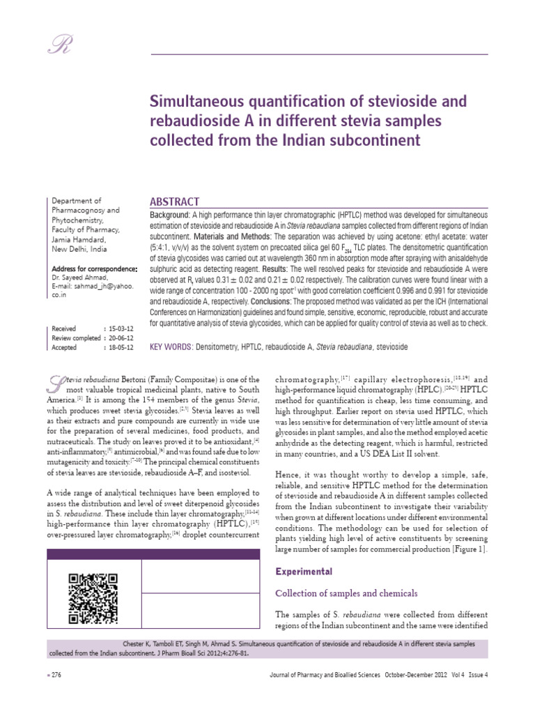 TLC - Simultaneous Quantification of Stevioside And | PDF | Detection ...