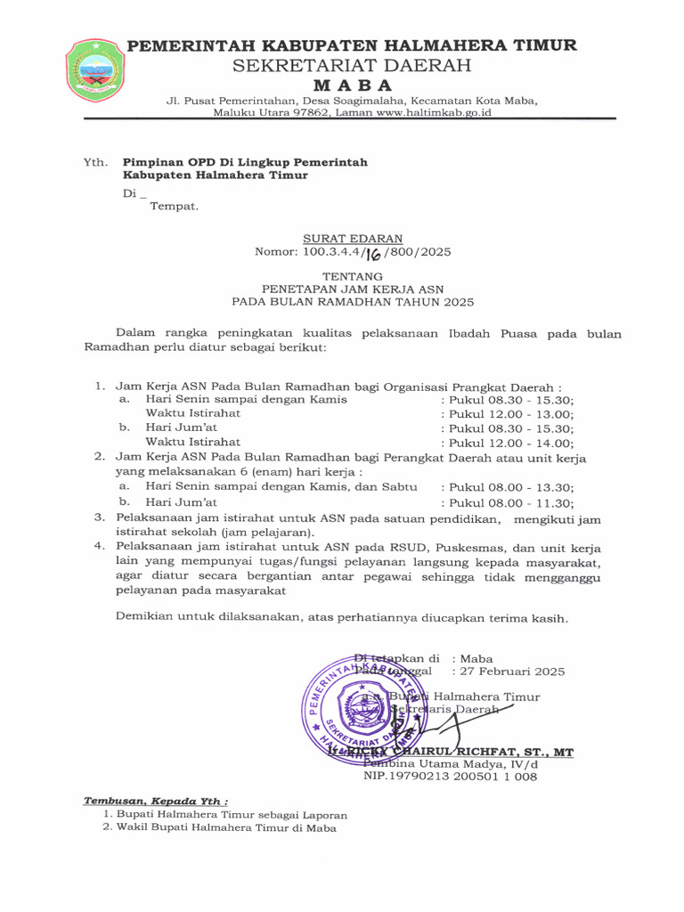 Surat Edaran Jam Kerja Asn Bulan Ramadhan | PDF