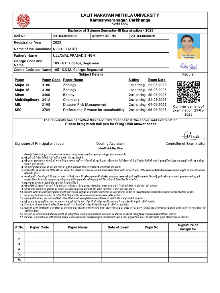 Nishu Admit Sem3 | PDF