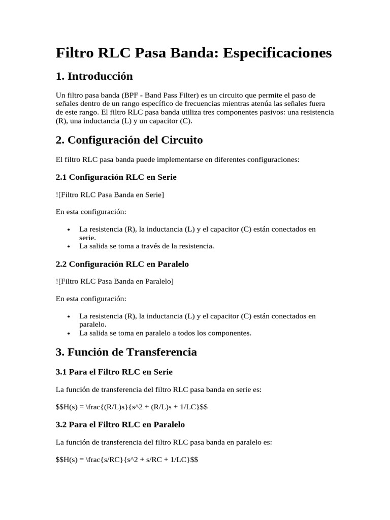 Filtro RLC Pasa Banda Especificaciones y Ecuaciones de Diseño | PDF ...