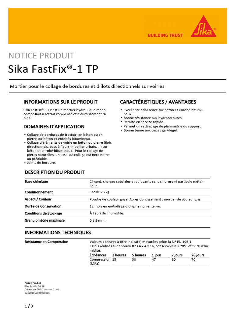 Mortier Sika FastFix®-1 TP pour voiries | PDF | Béton | Mortier (matériau)