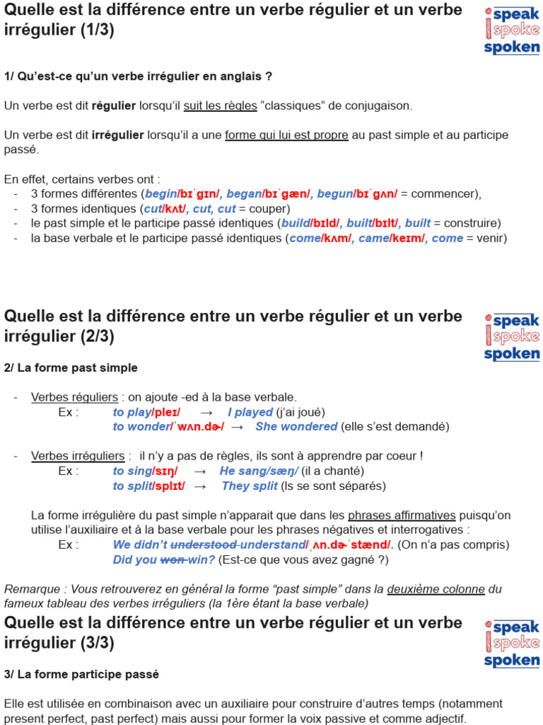 Différence entre verbes réguliers et irréguliers | PDF | Verbe ...