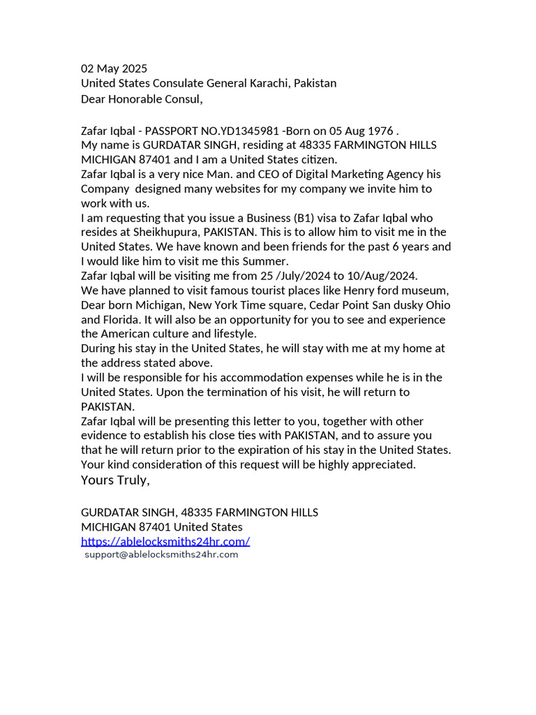 Zafar Iqbal Invitation Letter | PDF