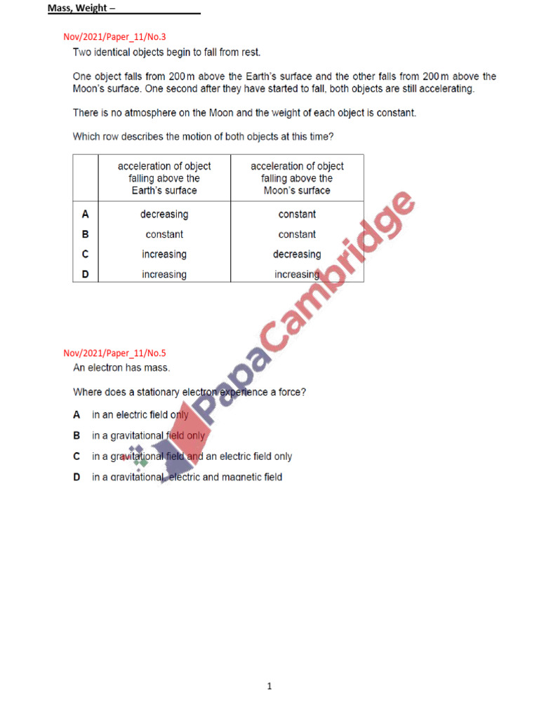 2021 Mass and Weight O Level 5054 | PDF