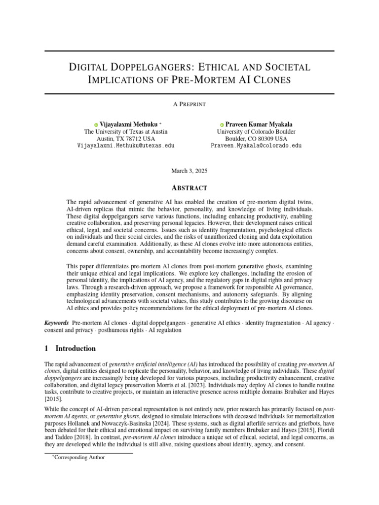 Digital Doppelgangers. Ethical and Societal Implications of Pre-Mortem AI Clones | PDF ...
