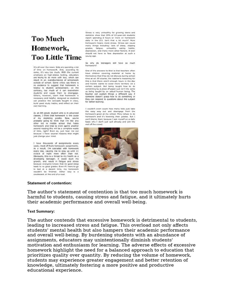 Too Much Homework, Little Much Time Article Summary | PDF