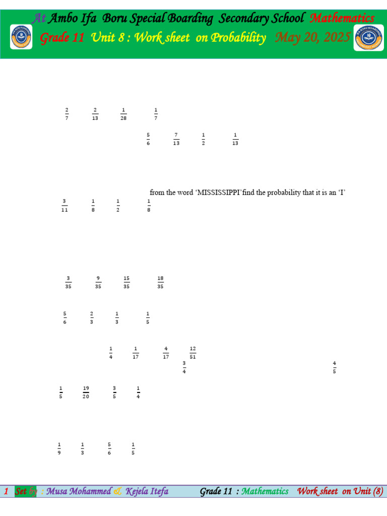 Unit 8 Probability Worksheet Answers | PDF | Probability | Mathematics