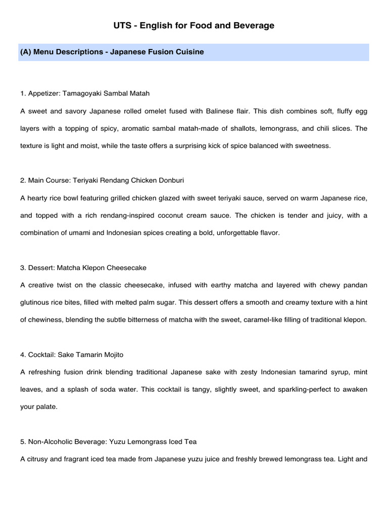 UTS_Food_and_Beverage_Indri.pdf | PDF | Japanese Cuisine | Indonesian ...