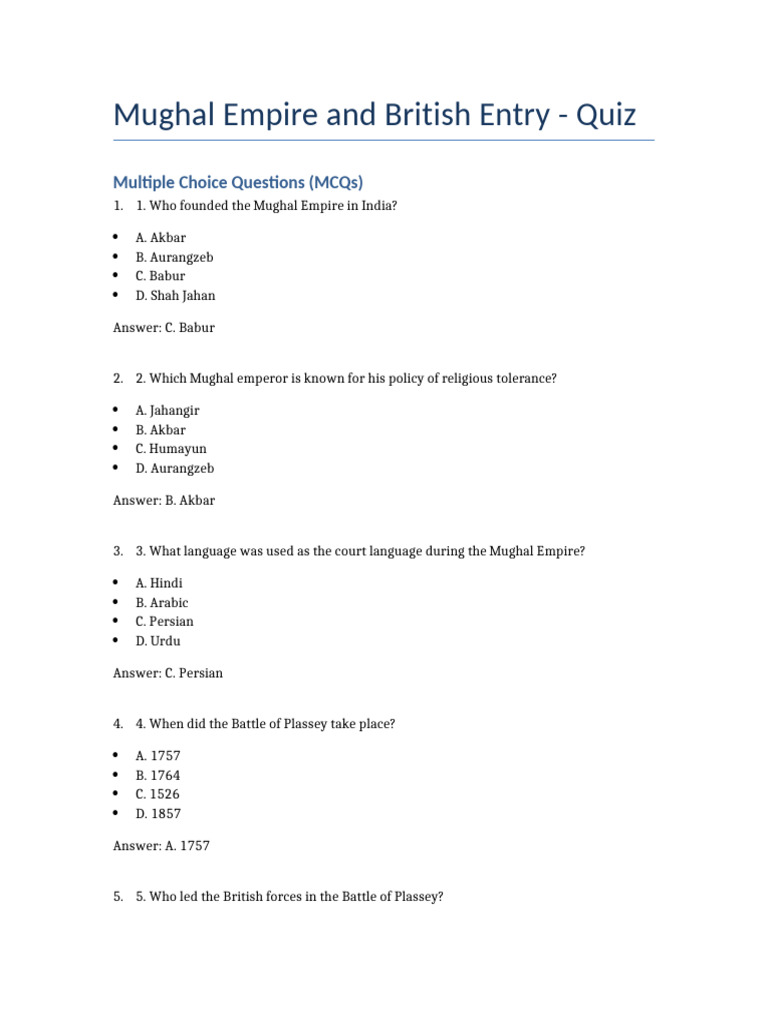 Mughal Empire Quiz | PDF