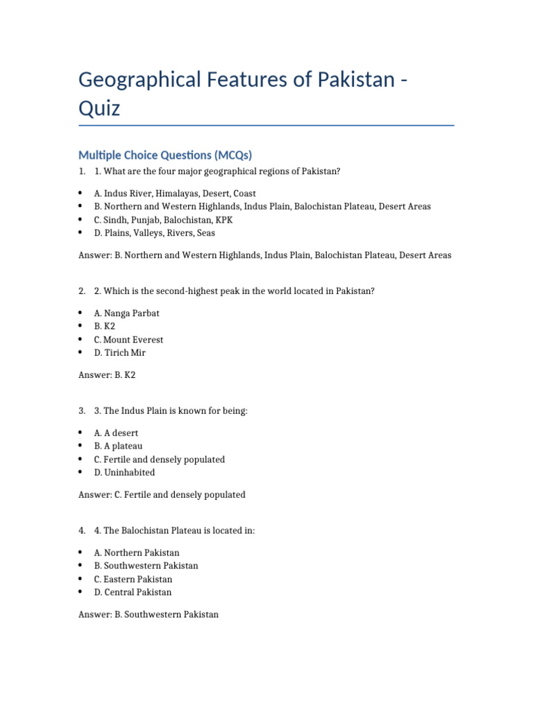 Geographical Features Quiz | PDF | Pakistan | Indus River