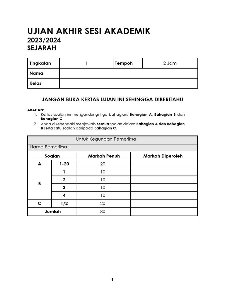 -Tingkatan 1- Kertas Uasa Sejarah 23_24 | PDF