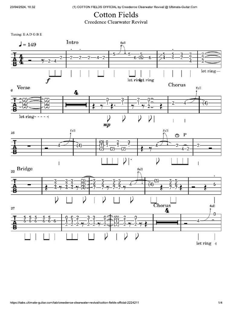 Cotton Fields Guitar Sheet Music | PDF