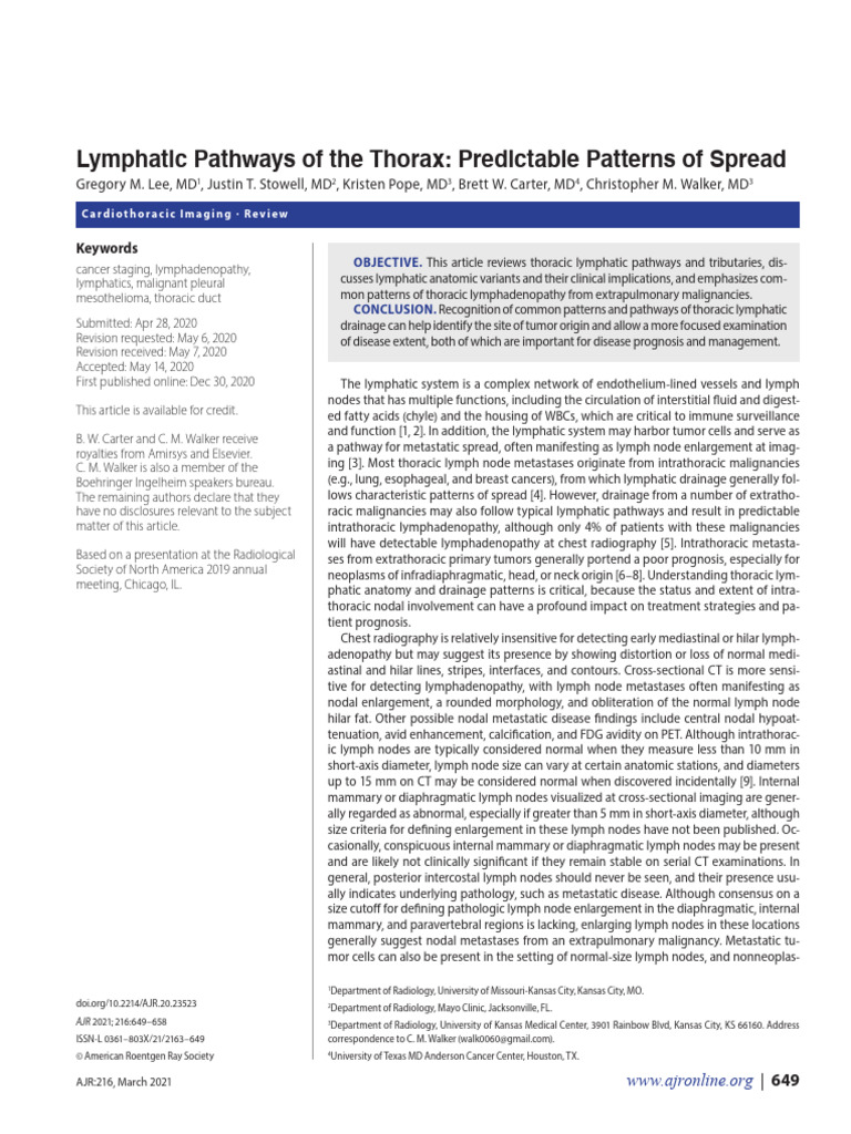 Lee Et Al 2020 Lymphatic Pathways of The Thorax Predictable Patterns of Spread | PDF | Lymphatic ...