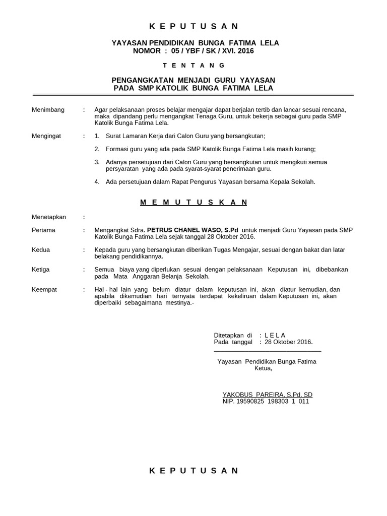 SK Pengangkatan Guru Oleh Yayasan | PDF